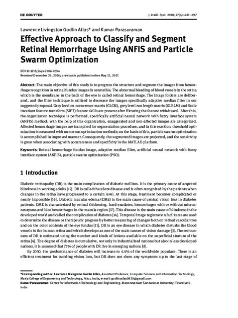 Pdf Effective Approach To Classify And Segment Retinal Hemorrhage Using Anfis And Particle