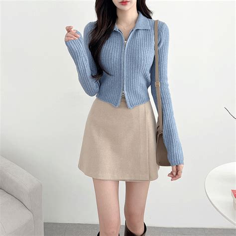 💕후기굿도톰💕투웨이지퍼 보송 골지 크롭 니트 집업 카라 가을 겨울 가디건 에이블리