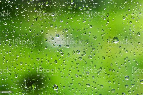 초점이 맞지 않는 녹색 초목을 배경으로 폭우로 인해 창문 유리에 흩어진 물방울이 있습니다 복사 공간 텍스트를 위한 공간입니다