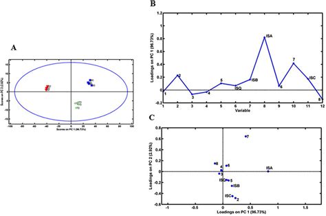 A Score Plot Of The Samples B Loadings On Pc1 Per Variable C