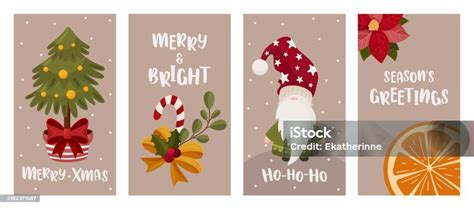 크리스마스 소셜 미디어 템플릿 세트 이야기에 대 한 수직 배너 평면 현대적인 스타일의 초대장 포스터 그놈 사탕 지팡이 크리스마스 트리 포인세티아 텍스트와 함께 귀여운 그림