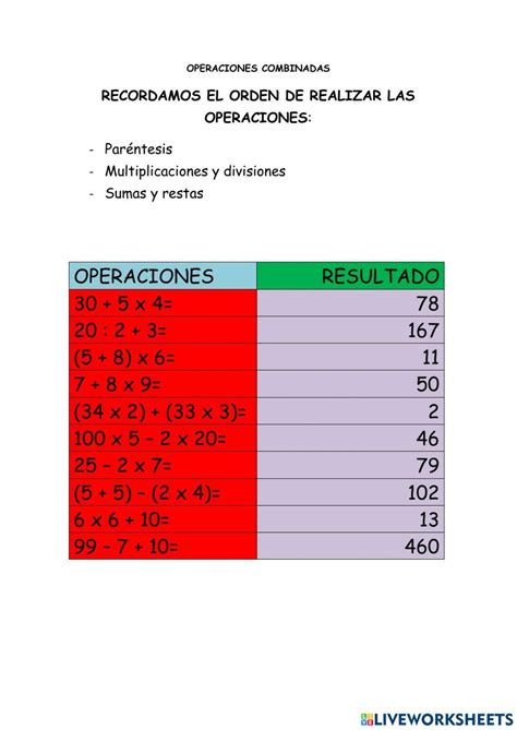 Operaciones Combinadas Online Exercise For Quinto De Primaria Live Worksheets