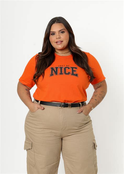 T Shirt Plus Size Just Be Nice Stras Laranja Atacado Tshirt Use