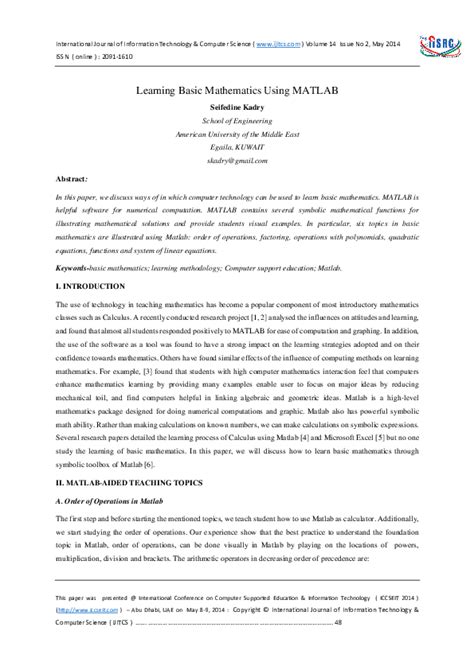 Pdf Learning Basic Mathematics Using Matlab