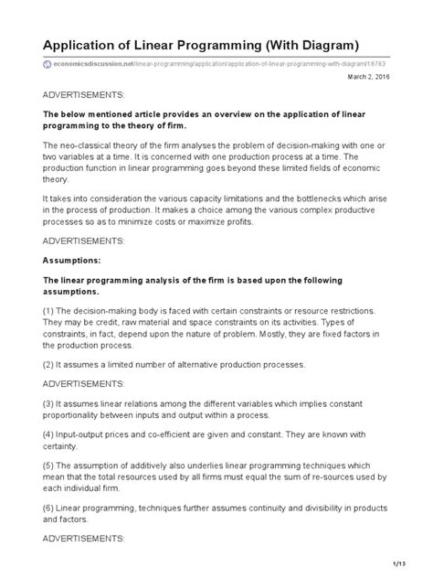 Application Of Linear Programming With Diagram Pdf Equations Linear Programming