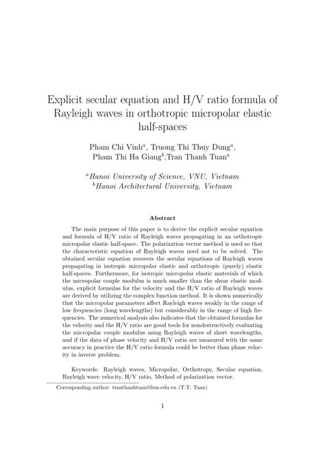 Pdf Explicit Secular Equation And Hv Ratio Formula Of Rayleigh Waves In Orthotropic