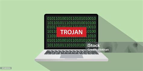 노트북 및 빨간 표시 그림 배경으로 바이너리 코드와 노트북 화면에 해킹 트로이 목마 0명에 대한 스톡 벡터 아트 및 기타 이미지