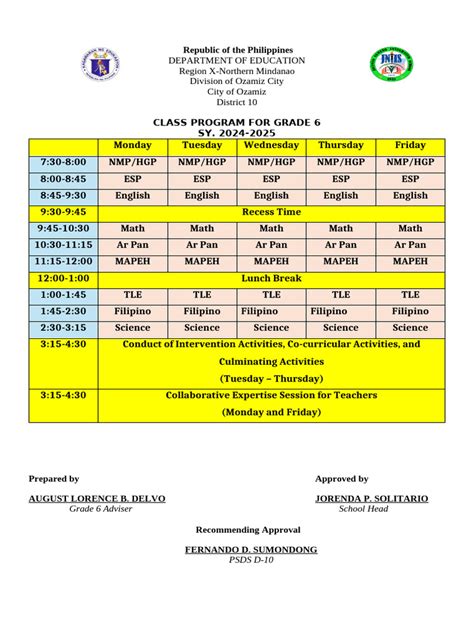 Class Program Grade 6 Final Pdf