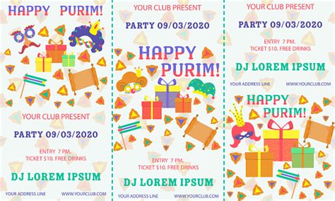 Purim 어떤 목적을위한 훌륭한 디자인 전단지 배너 벡터 배너 포스터 디자인 퓨림 티켓 일러스트레이션 파티 초대장 만화 벡터 일러스트레이션입니다 템플릿 인사말 템플릿