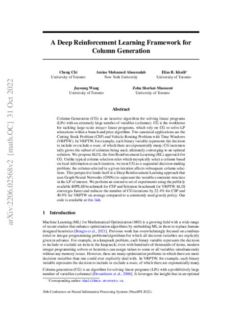 Pdf A Deep Reinforcement Learning Framework For Column Generation