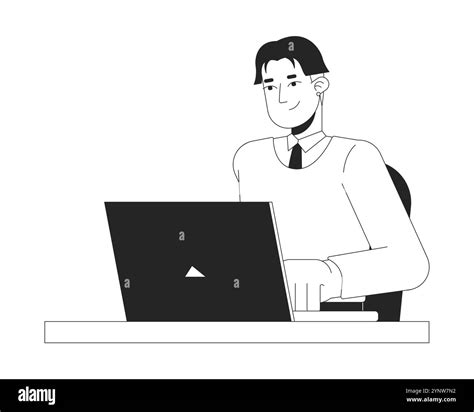 Corporate Korean Young Adult Man Typing Laptop Black And White 2d Line Character Stock Vector