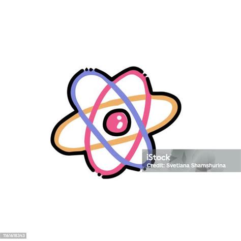 물리학 과학 궤도 원자 평평한 색상의 원자 구조 아이콘은 손으로 그린 유치한 낙서 스타일 흰색 배경에 색상 낙서 인쇄 개념 아이의 화학 과 과학 만화에 대한 스톡 벡터 아트