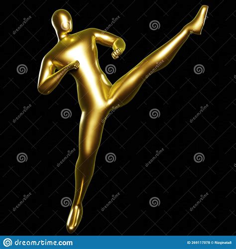 3d Render Gold Stickman Karate Kicking Pose With Legs At Head Height