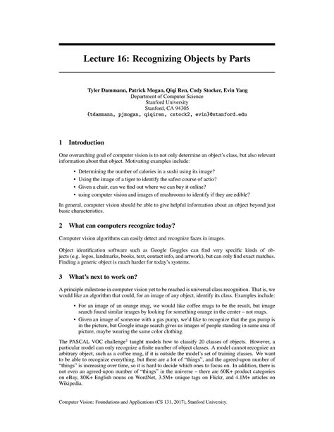 Lecture 16 Class Notes Lecture 16 Recognizing Objects By Parts