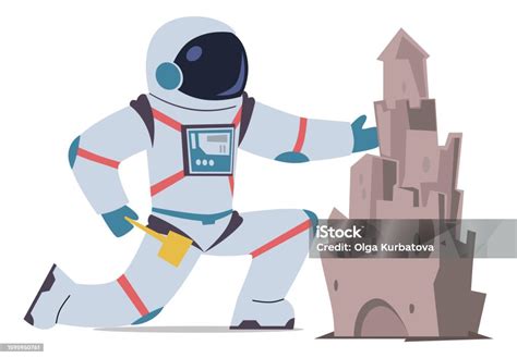 우주 비행사는 성을 짓습니다 우주복과 헬멧을 쓴 우주비행사 우주인 우주 탐사와 행성 우주 공간 탐험 유치한 인쇄 만화 평면 격리 벡터 그림 결심에 대한 스톡 벡터 아트 및