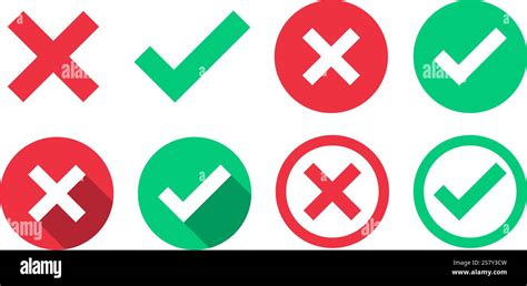 Set Of Green Check Marks Red Cross Signs With Long Shadow Checkbox List Vector Icon Checklist