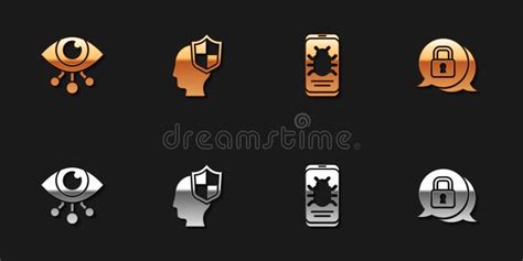 Set Eye Scan Head With Shield System Bug On Mobile And Cyber Security Icon Vector Stock