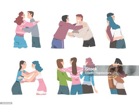 젊은 남자와 여자 친구 함께 회의 포옹 하 고 서로 벡터 세트 개념에 대한 스톡 벡터 아트 및 기타 이미지 개념 개체 그룹