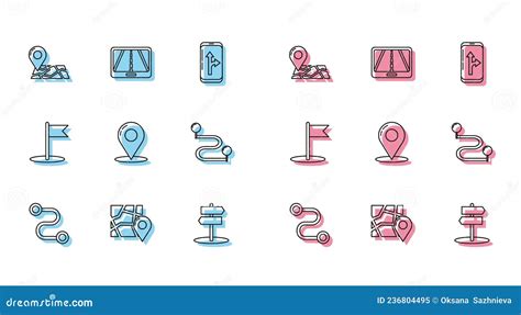 Set Line Route Location Folded Map With Marker Road Traffic Sign Map Pin Flag And