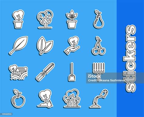 세트 라인 물뿌리개 정원 갈퀴 작업 체리 꽃 냄비 잎 나무 및 환경 보호 아이콘의 손 벡터 가루로 빻은에 대한 스톡 벡터 아트 및 기타 이미지 Istock