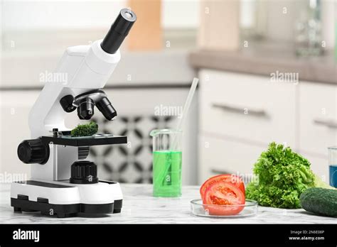 Microscope And Fresh Vegetables On Table In Laboratory Space For Text