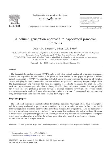 Pdf A Column Generation Approach To Capacitated P Median Problems
