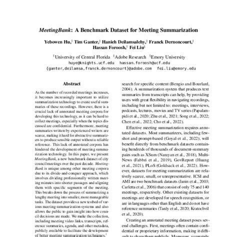 Meetingbank A Benchmark Dataset For Meeting Summarization Acl Anthology