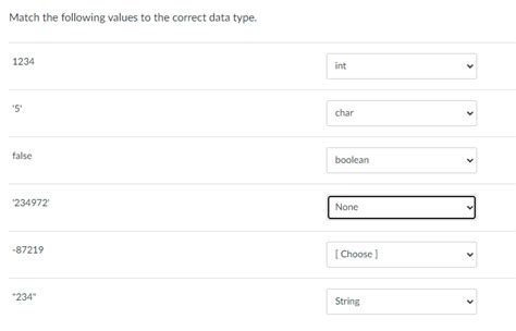 Solved Match The Following Values To The Correct Data Type Chegg Com