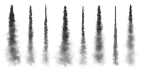 현실적인 미사일 또는 총알 흔적 비행기 응축 산책로 제트 항공기 트랙 우주 로켓 발사 검은 연기 구름 폭발 증기 흐름 벡터 그림