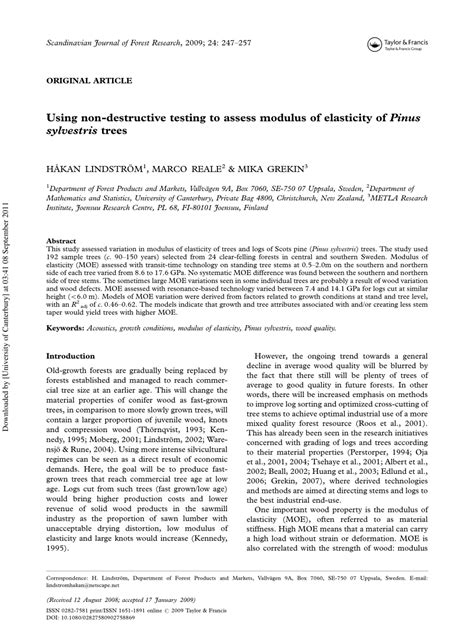 Pdf Using Non Destructive Testing To Assess Modulus Of Elasticity Of Pinus Sylvestris Trees