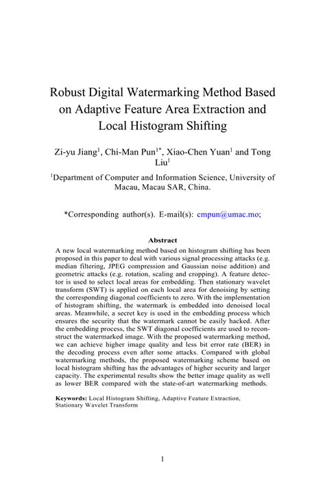 Pdf Robust Digital Watermarking Method Based On Adaptive Feature Area Extraction And Local