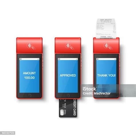벡터 3d 승인 된 상태 및 종이 영수증 청구서 신용 카드가있는 빨간색 Nfc 지불 기계 지불 Pos 단말기 은행 지불 비접촉식 단말기의 기계 설계 템플릿 모형 평면도 3