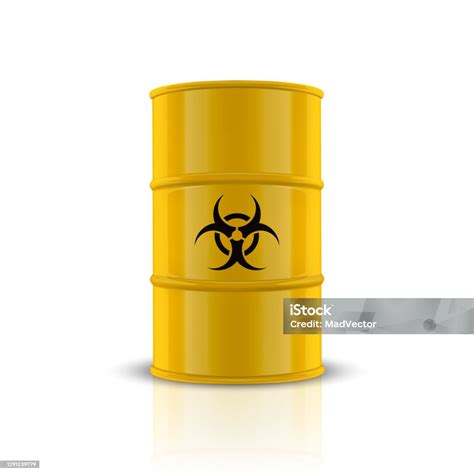벡터 3d 사실적 일러스트레이션 노란색 간단한 광택 에나멜 금속 오일 연료 백색 배경에 고립 된 생물 위험 기호 가솔린 배럴 모형을 위한 포장의 디자인 템플릿 전면 보기 0