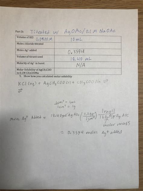 solved transcribed image text part d volume of kci 0 05dom moles