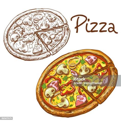 벡터 일러스트 레이 션의 집합이 전체 이탈리아 피자 조각 라운드 고기에 대한 스톡 벡터 아트 및 기타 이미지 고기 레스토랑 로고 Istock