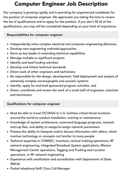 Computer Engineer Job Description Velvet Jobs