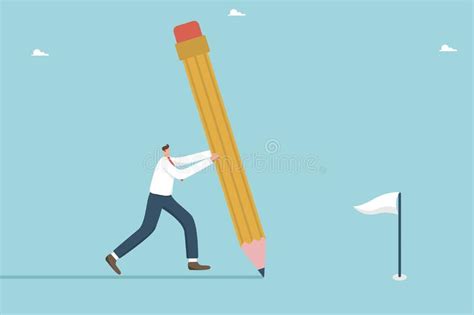 Businessman With A Huge Pencil Draws A Workflow Line To The Achievement
