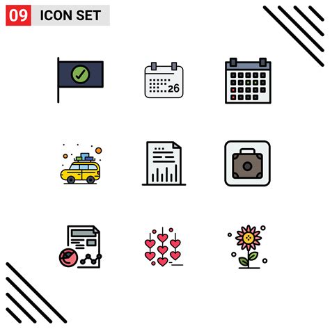 User Interface Pack Of 9 Basic Filledline Flat Colors Of Document Analytics Date Bus Car
