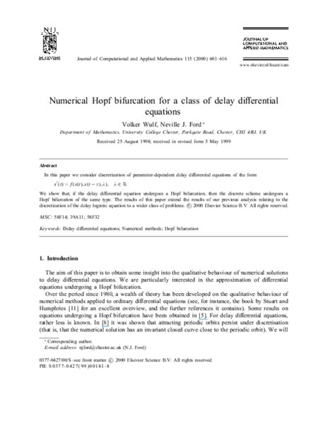 Pdf Numerical Hopf Bifurcation For A Class Of Delay Differential Equations