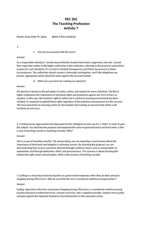 Activity 7 Jessa Pec 202 The Teaching Profession Activity 7 Name