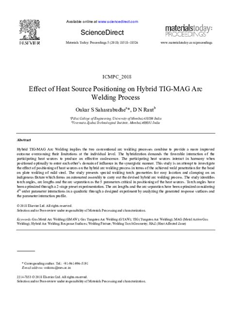 Pdf Effect Of Heat Source Positioning On Hybrid Tig Mag Arc Welding