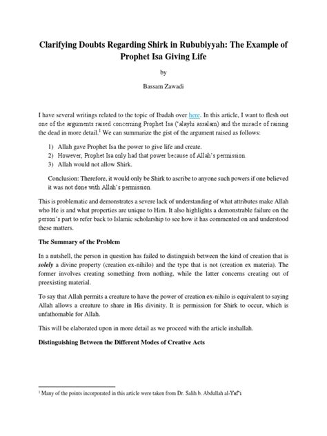 Clarifying Doubts Regarding Shirk In Rububiyyah Isa Giving Life Basam Zawadi 14 Pgs Pdf