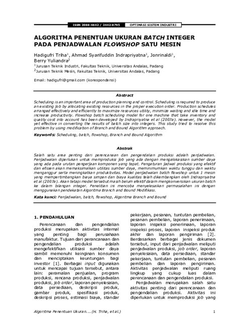 Pdf Algoritma Penentuan Ukuran Batch Integer Pada Penjadwalan Flowshop Satu Mesin