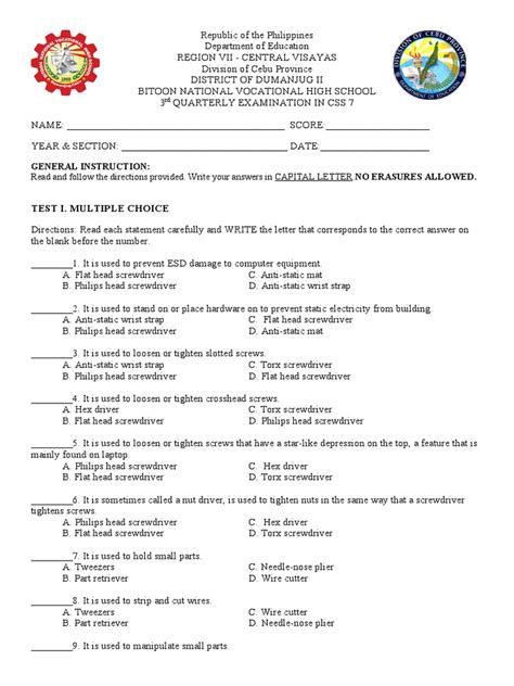 3rd Quarterly Examination In Css 7 At Bitoon National Vocational High