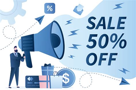 큰 라우드 스피커를 들고 잘 생긴 사업가 판매 프로모션 캠페인 타겟 마케팅 및 광고 개념 광고에 대한 스톡 벡터 아트 및 기타