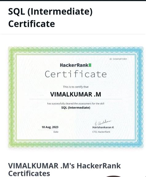 Vimalkumar M On Linkedin Complete Sql Intermediate Certificate By Hackerrank