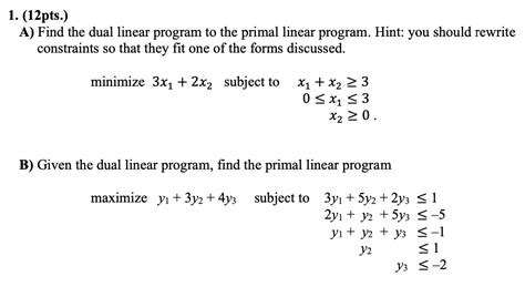 Solved 1 12pts A Find The Dual Linear Program To The