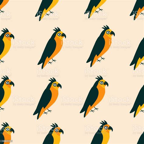 재미있는 앵무새 손으로 그린 벡터 일러스트레이션 귀여운 이국적인 Macaw 새는 아이들 직물 또는 벽지를위한 평면 스타일의 원활한 패턴입니다 귀여운에 대한 스톡 벡터 아트