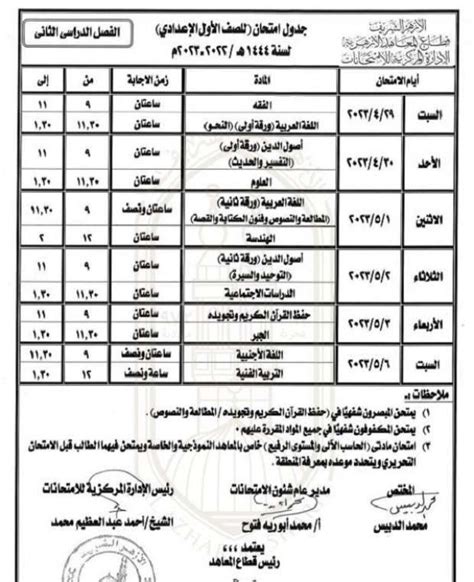جدول امتحانات الصف الأول الإعدادي الأزهري 2023 بالتفاصيل الوطن