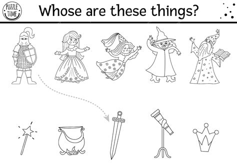 귀여운 캐릭터와 함께하는 흑백 동화 짝짓기 활동 기사 요정 공주와 함께하는 마법의 왕국 색칠하기 개체 맞추기 인쇄 가능한 워크 시트 게임 누구의 물건입니까xa 프리미엄 벡터